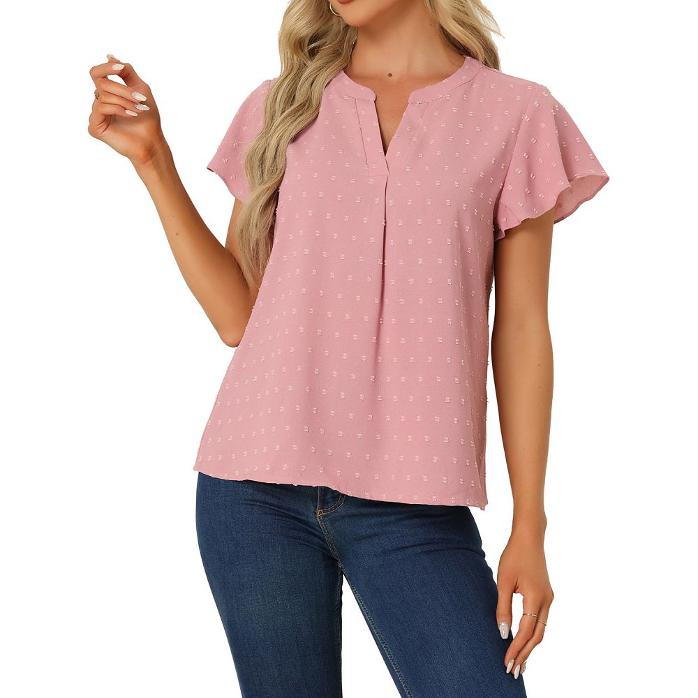 Swiss Dots Flowy Top for Women Summer V-Neck Ruffle Short Sleeve Tunic ...