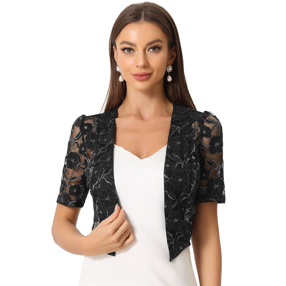 Women's Short Sleeve Cardigan Lace Lightweight Crop Cardigan Shiny ...