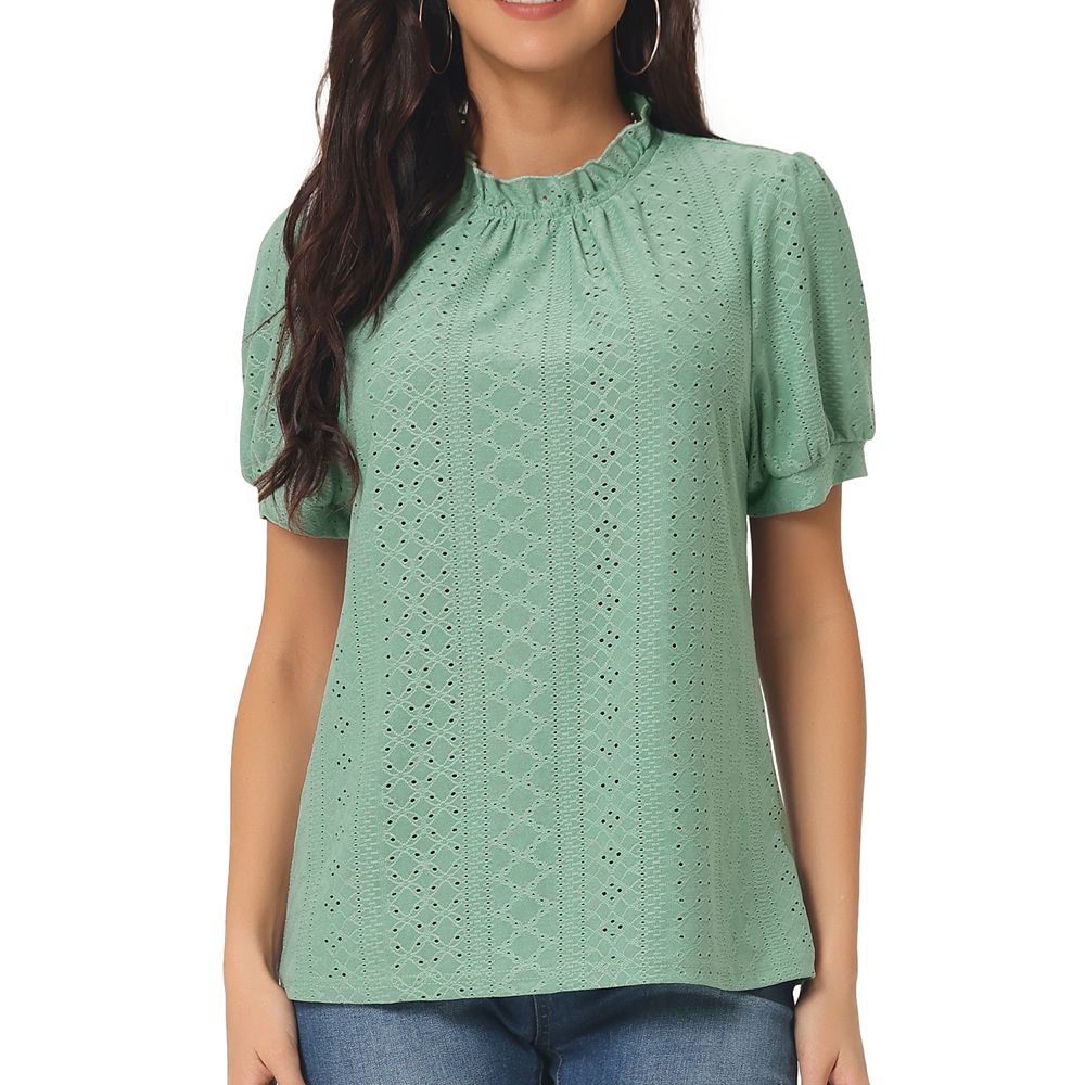Women's Puffy Sleeve Eyelet Tops Back Button Down Dressy Casual Ruffle ...