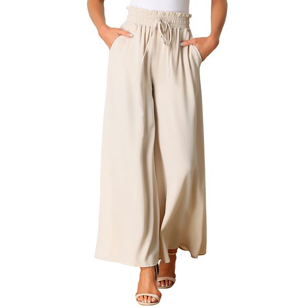 Women's Casual High Waist Drawstring Loose Fit Pocket Wide Leg Pants