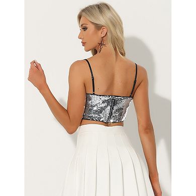 Sequin Top For Women Spaghetti Straps Curve Hem Party Sparkle Crop Cami ...