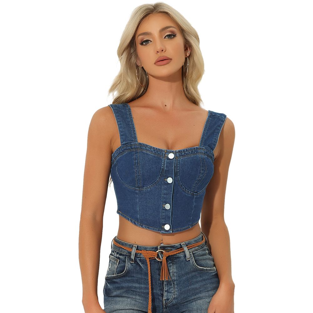 Denim Corset Tops For Women Button Down Sleeveless Bustier Jean Crop ...