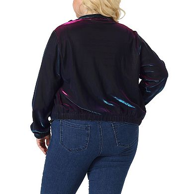 Women's Plus Size Metallic Holographic Reflective Long Sleeve Zip Up ...