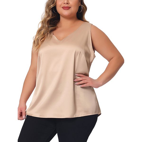Women's Plus Size Silk Satin Tank Tops Casual Cami Sleeveless Blouses ...