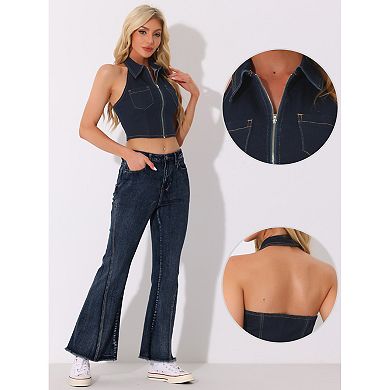 Halter Denim Top For Women Zipper Up Collared Sleeveless Jean Corset