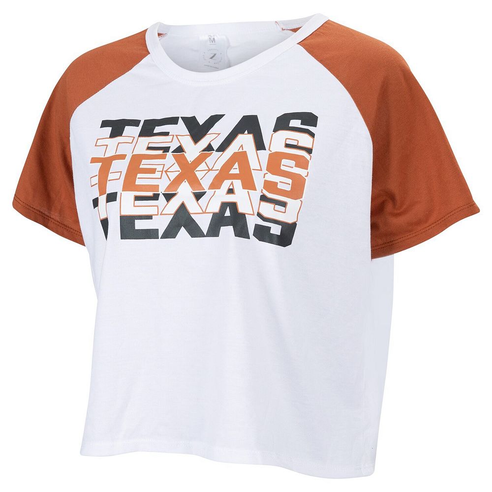 Women's ZooZatz White Texas Longhorns Colorblock Repeat Raglan Cropped ...