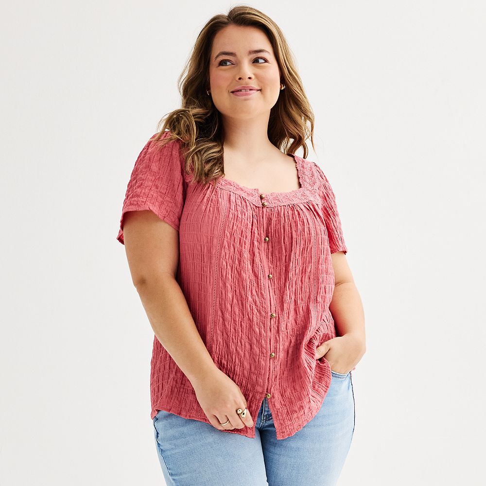 Juniors' Plus Size Rewind Textured Button Front Top