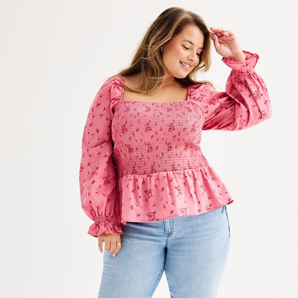 Juniors' Plus Size Dizzy Lizzy Long Balloon Sleeve Smocked Blouse
