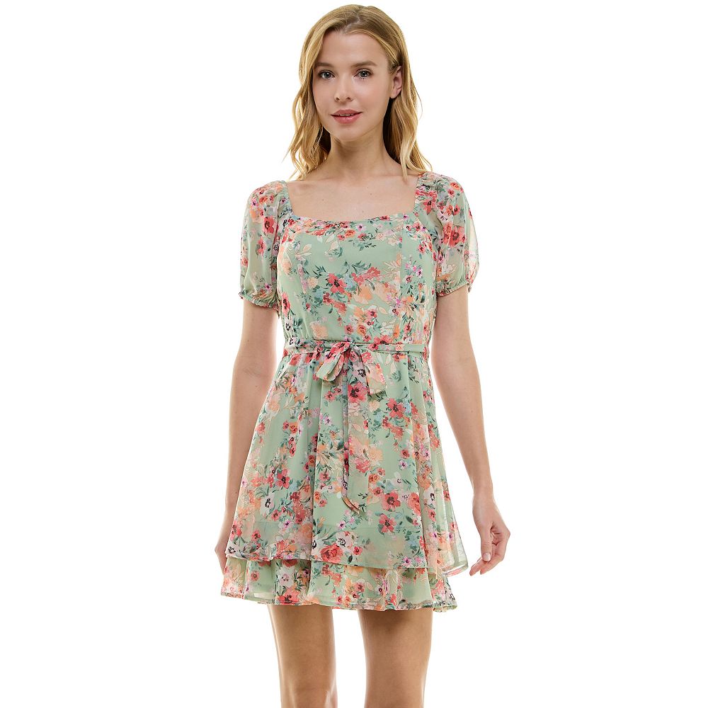 Juniors' Lily Rose Chiffon Floral Print Puff Sleeve Tiered Mini Skater ...