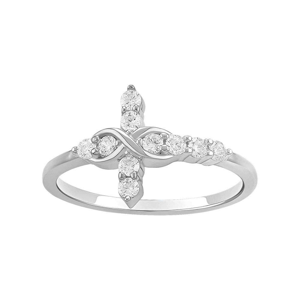 PRIMROSE Sterling Silver Cubic Zirconia Sideways Cross Polished Band Ring