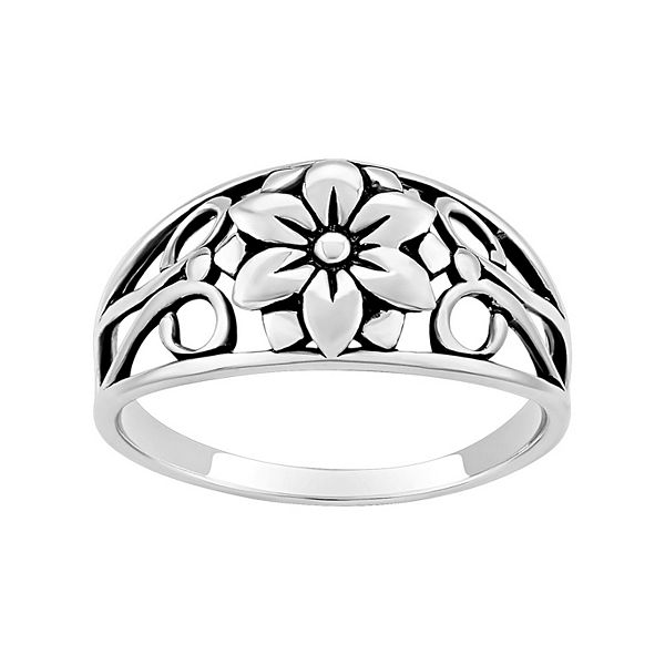 PRIMROSE Sterling Silver Polished Oxidized Flower Graduated Band Ring