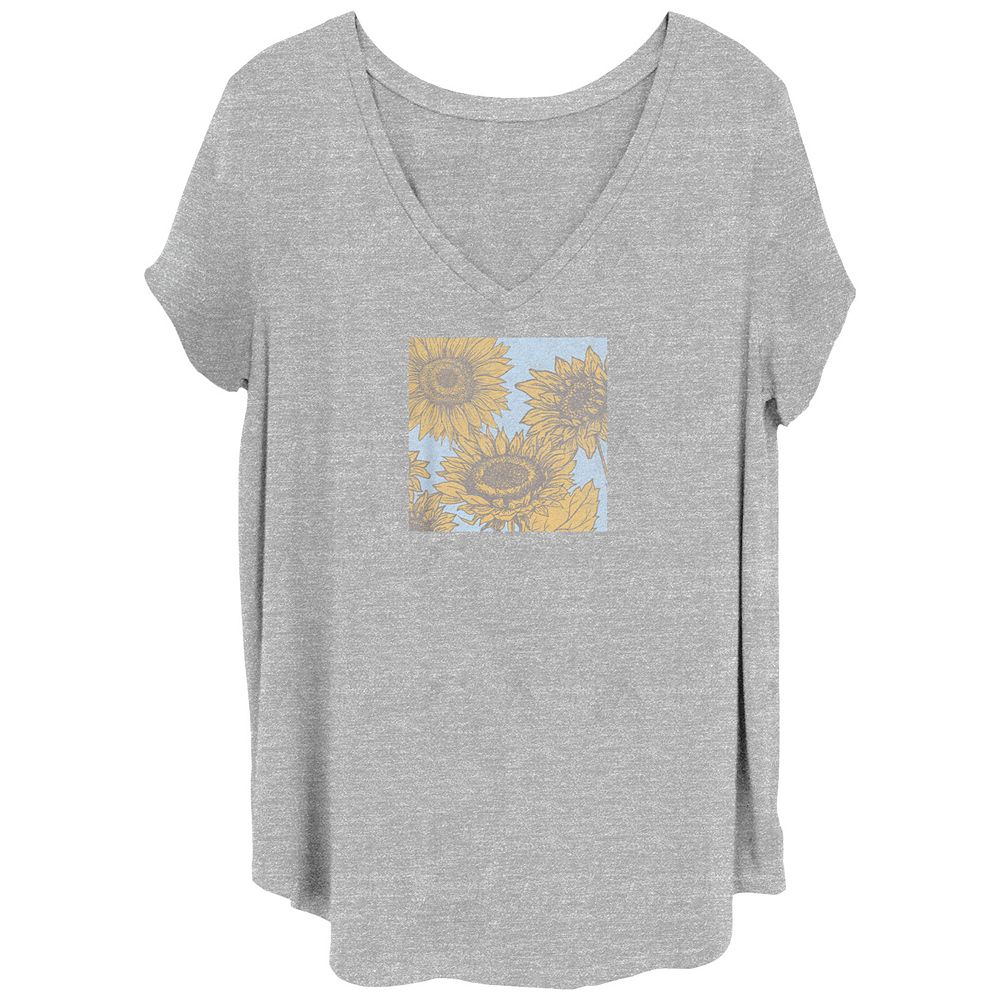 Juniors' Plus Size Sunflowers Paint V-Neck Graphic Tee