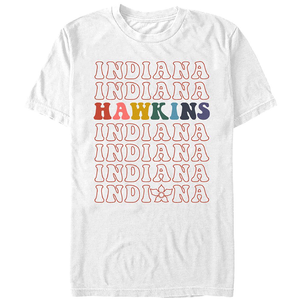 Juniors' Stranger Things Hawkins Indiana Stack Text Boyfriend Graphic Tee