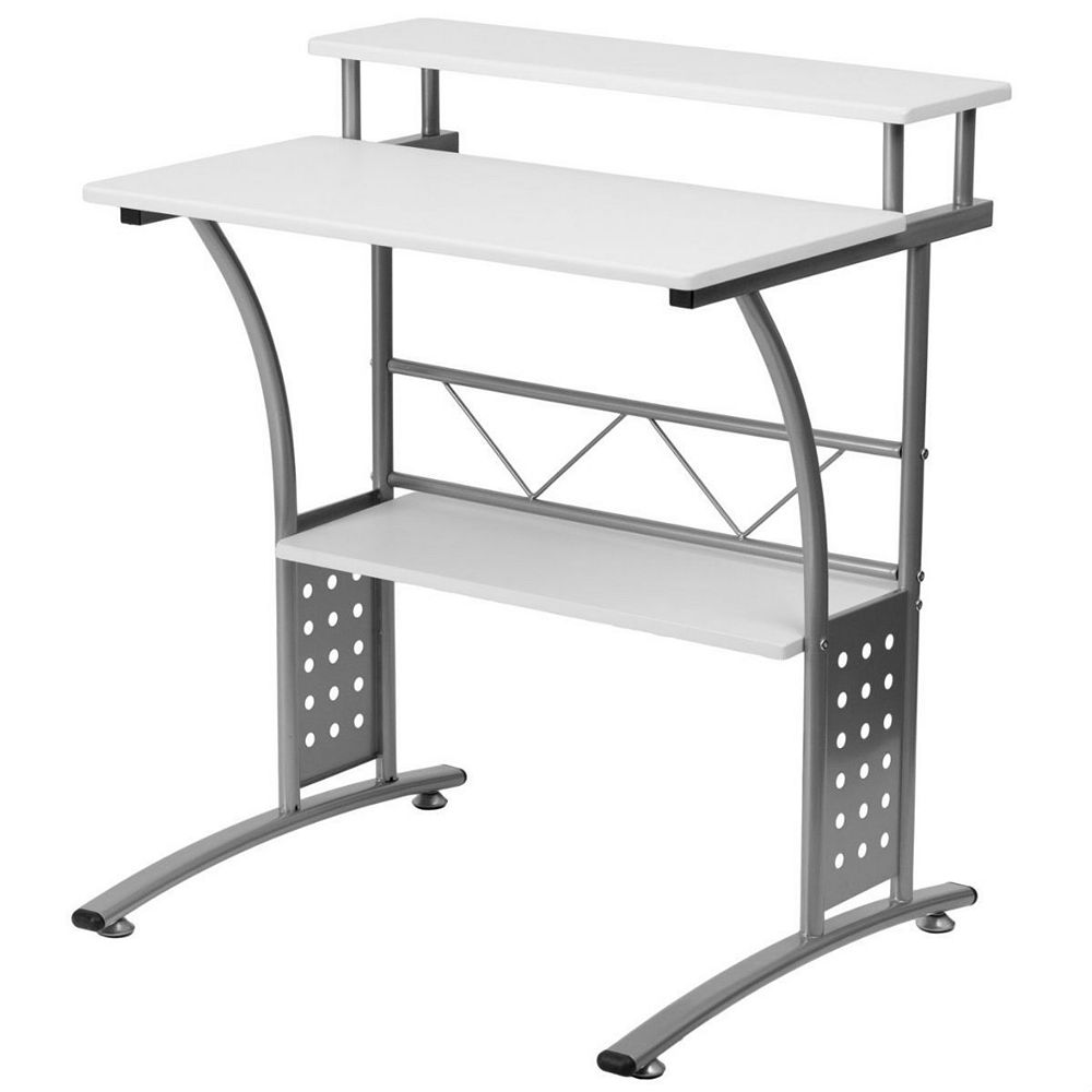 Modern Work Desk with Raised Monitor Shelf and Lower Shelf, White and ...