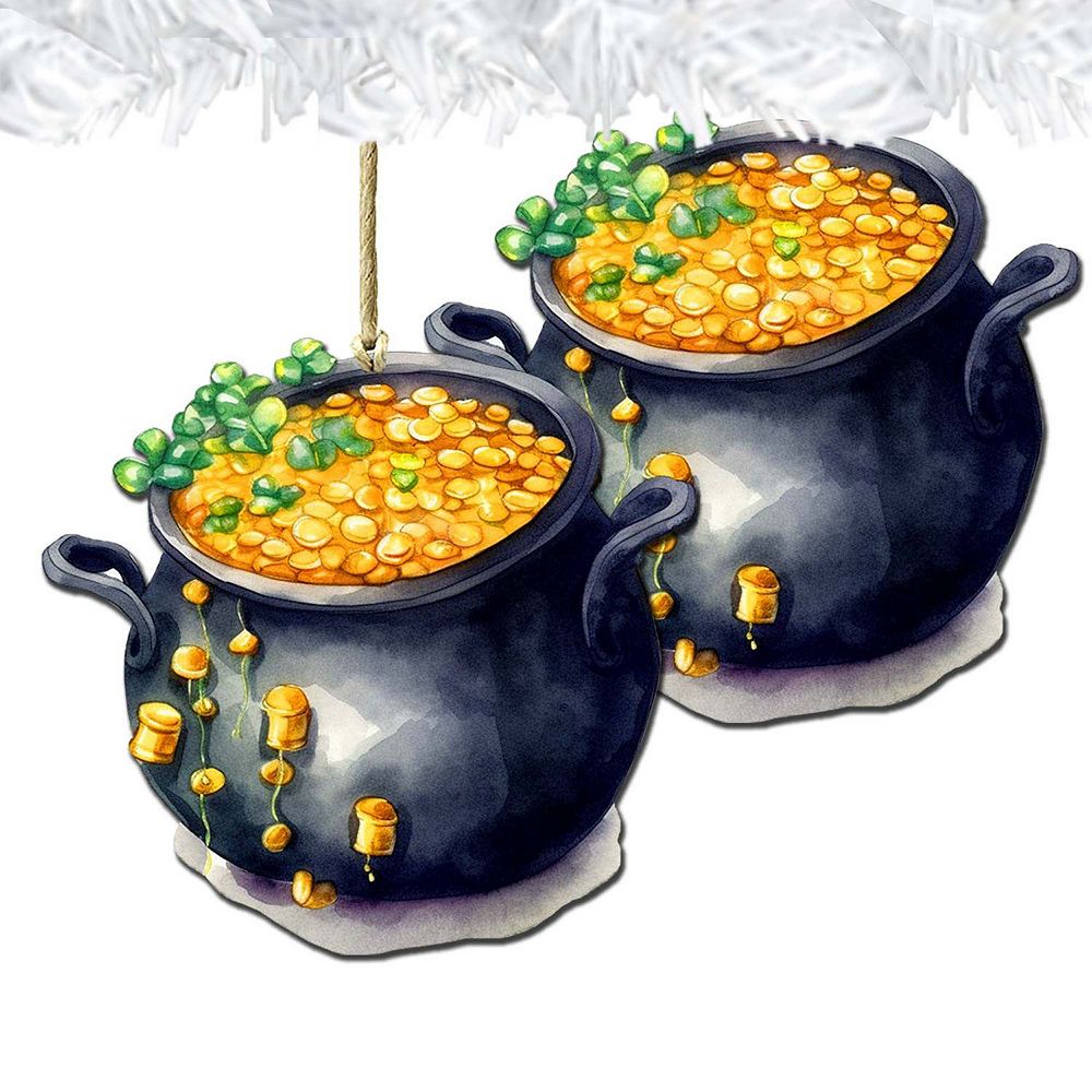 Irish Pot Of Gold Wooden Ornaments Set Of 2 By G. Debrekht