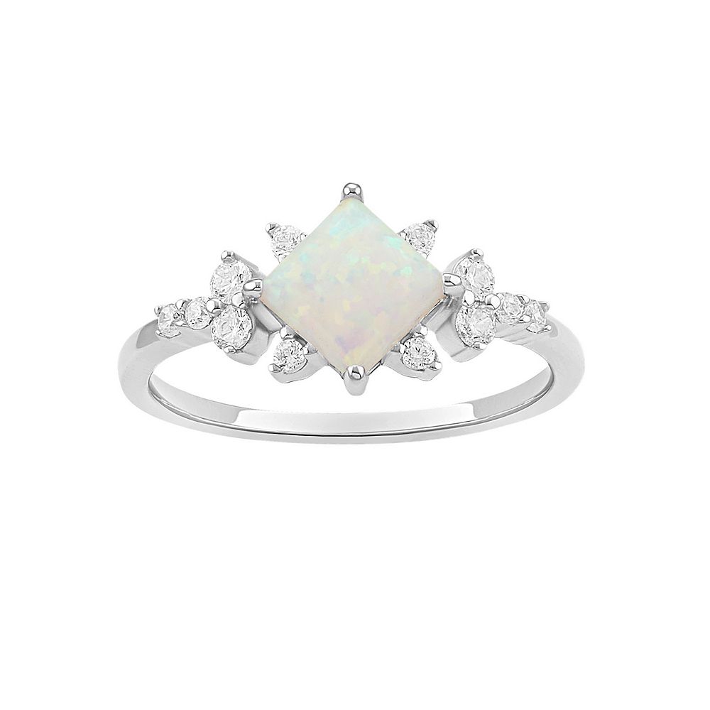 PRIMROSE Sterling Silver Opal & Cubic Zirconia Square Center Stone Ring