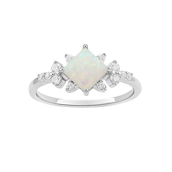 PRIMROSE Sterling Silver Opal & Cubic Zirconia Square Center Stone Ring