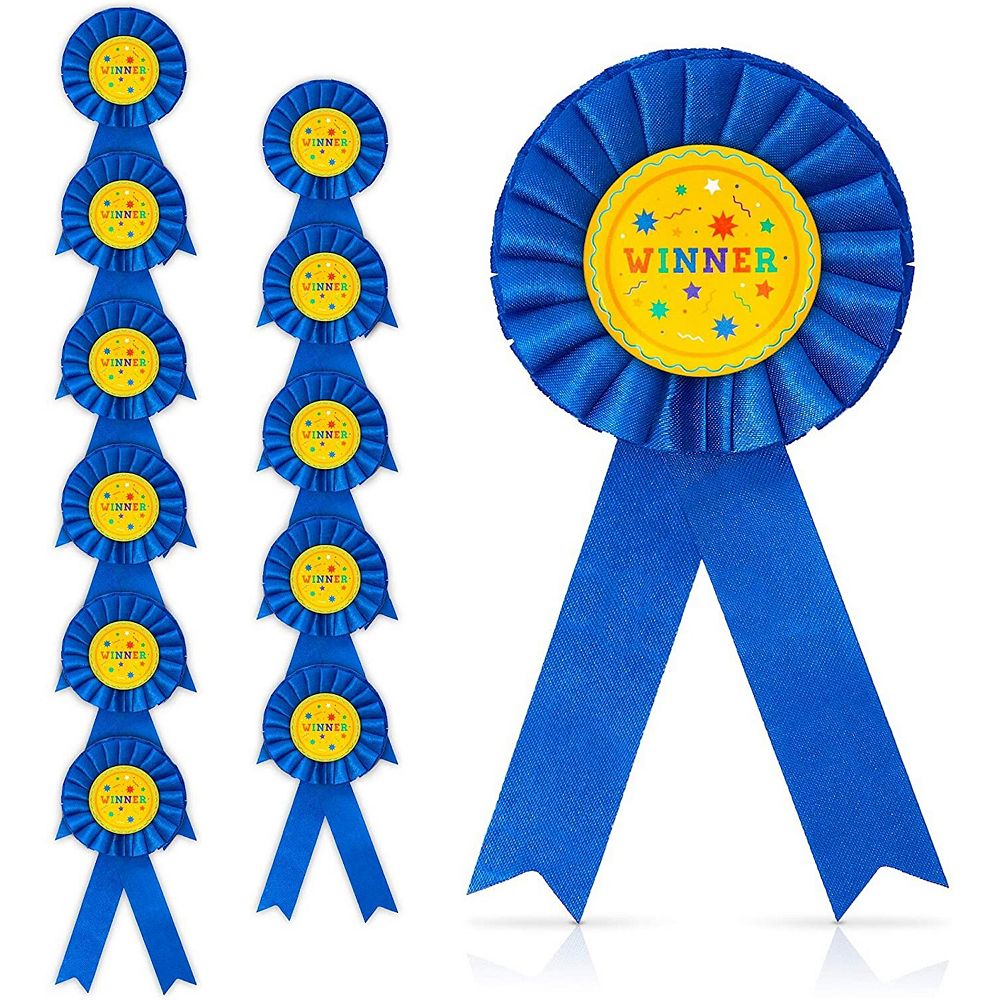 Blue Rosette Award Ribbons Set, Winner (3 X 6 Inches, 12 Pack)