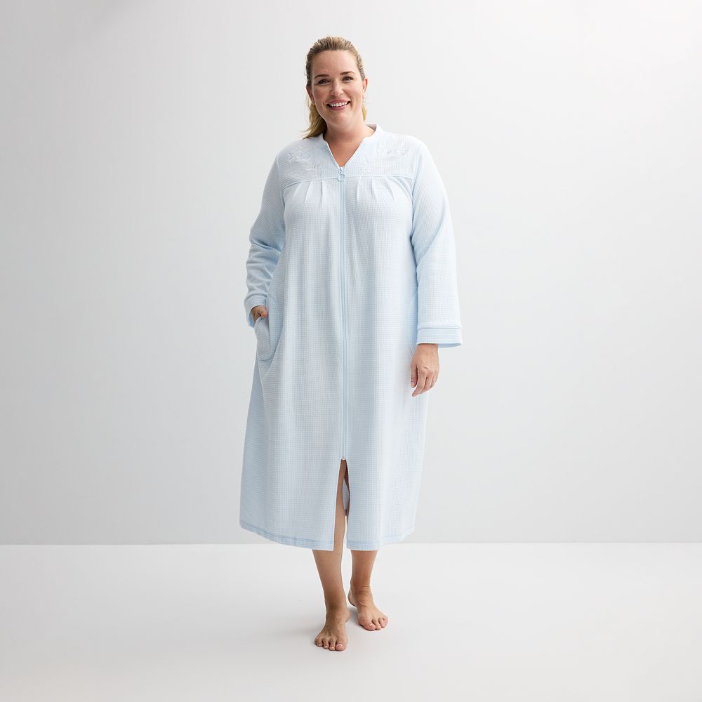 Plus Size Miss Elaine Essentials Brushed Waffle Long Zip Robe