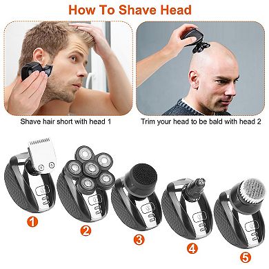 Men's, Black, 5-in-1 Electric Razor For Bald With 3 Combs