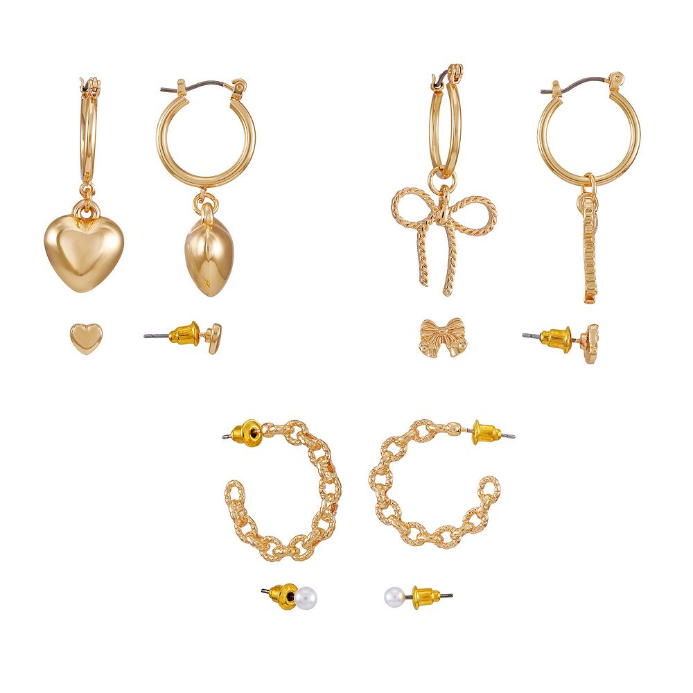 Berry Jewelry Gold Tone Hearts and Bows 6 Pair Earring Set