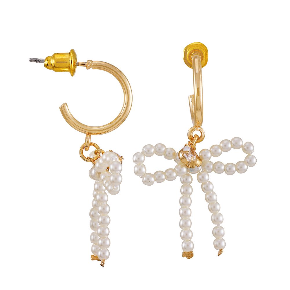 Berry Jewelry Gold Tone Simulated Pearl Bow Drop Hoop Earrings