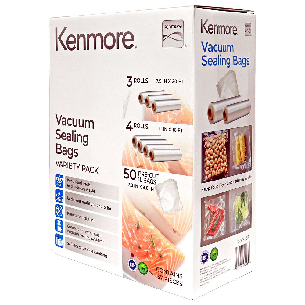 Kenmore Food Sealer Bags Variety Pack with 7 Rolls and 50 Quart Bags