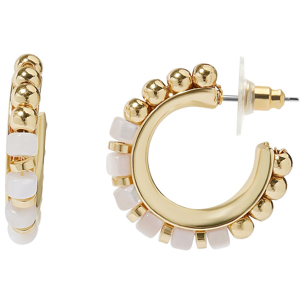 LC Lauren Conrad Gold Tone White Beaded J Hoop Earrings