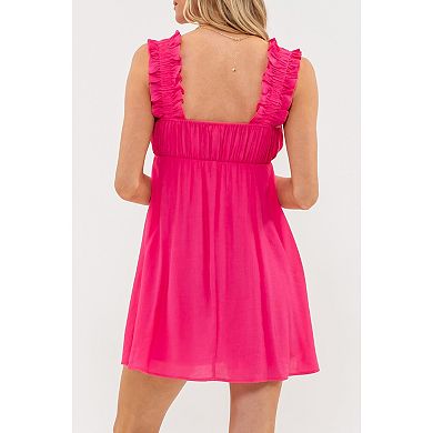 August Sky Women's Wide Ruffle Straps Ruched Empire Waist Mini Dress