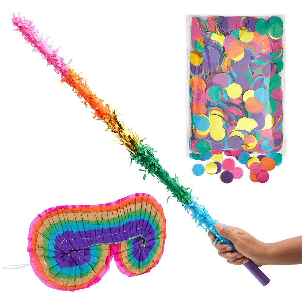 30-inch Rainbow Pinata Stick With Blindfold And Confetti For Birthday Party