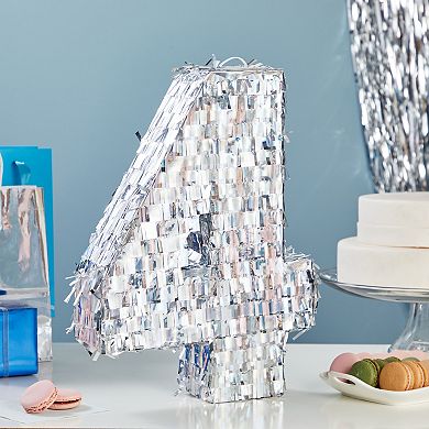 Small Number 4 Silver Foil Pinata for Kid Birthday Party Decoration