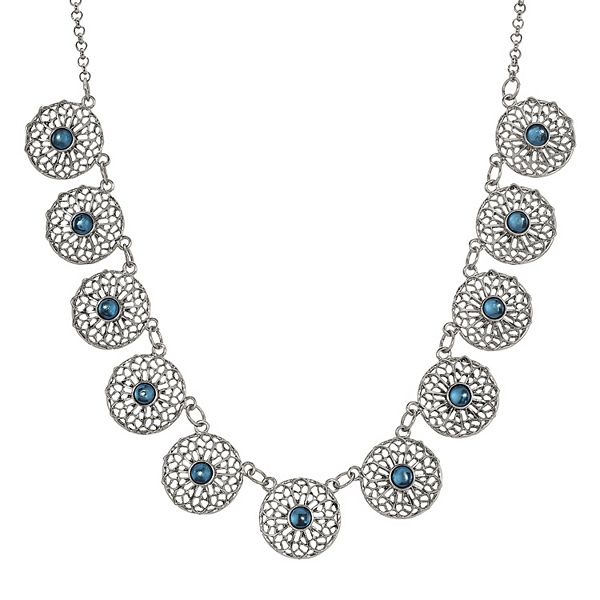 1928 Silver Tone Blue Filigree Collar Necklace