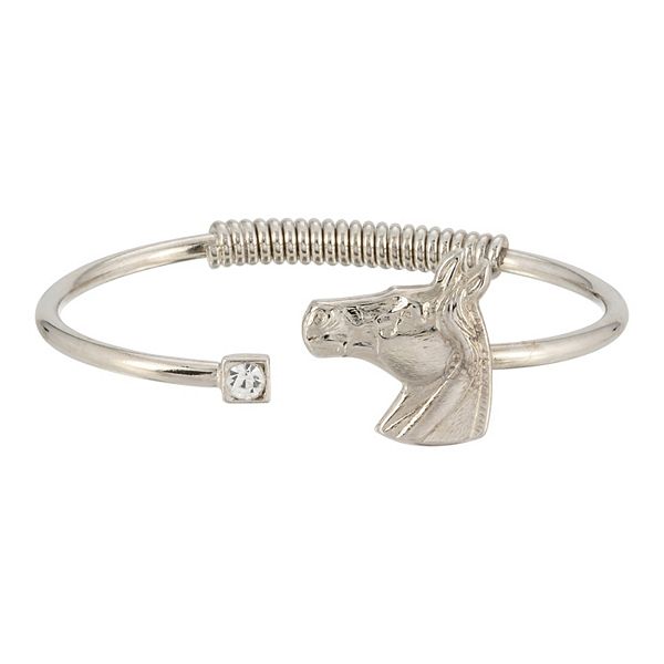1928 Silver Tone Horse Spring Crystal Hinge Bracelet