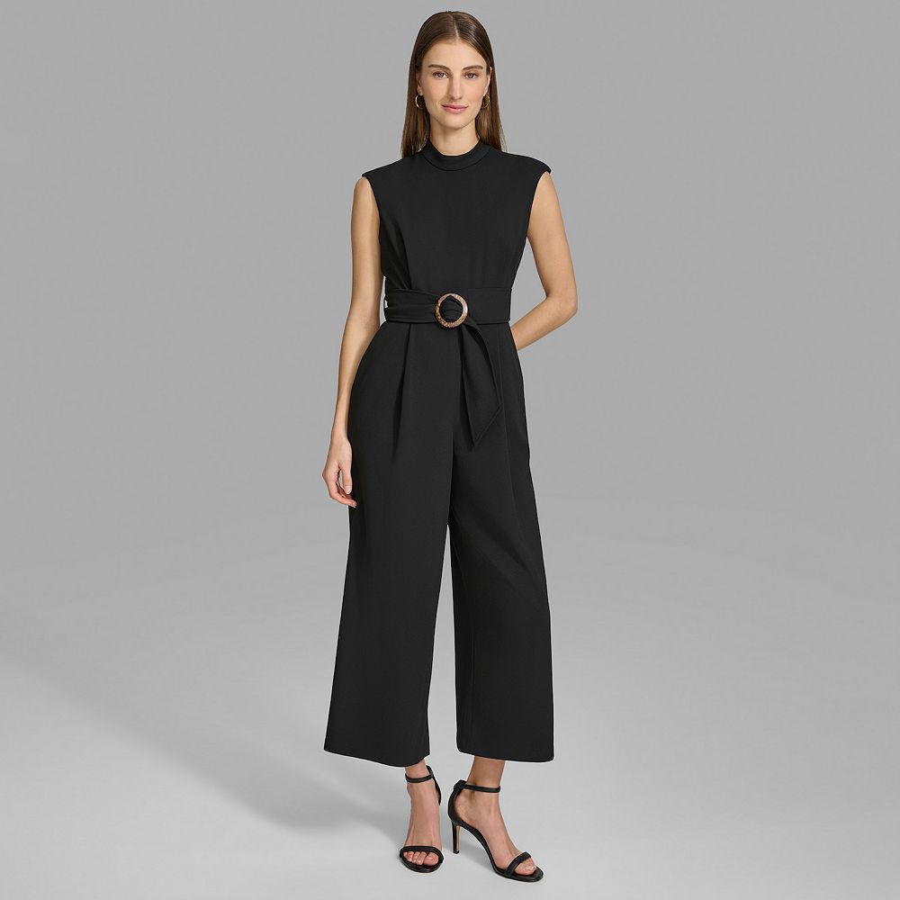 Women's Andrew Marc Cap Sleeve Fit And Flare Belted Jumpsuit