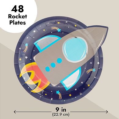 48 Pack Rocket Ship Paper Plates For Outer Space Birthday Party, 9 In