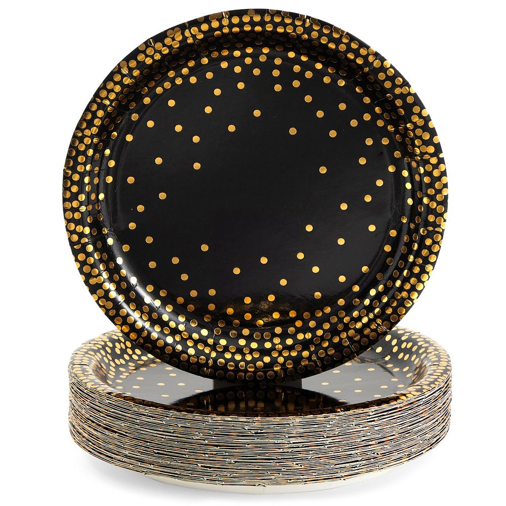 48 Pack Black And Gold Paper Plates With Gold Foil Dots For Party ...