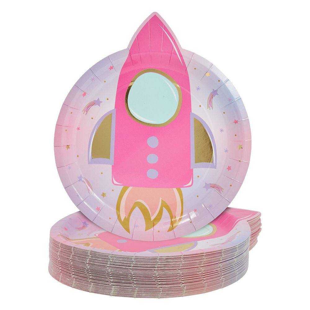 48 Pack Pink Outer Space Plates For Galaxy Rocket Birthday Party ...