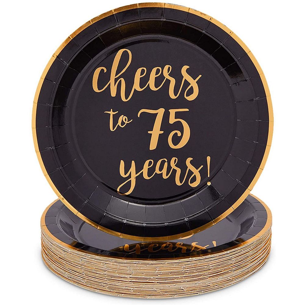 Black Paper Plates For 75th Party, Cheers To 75 Years (9 In, 48 Pack)
