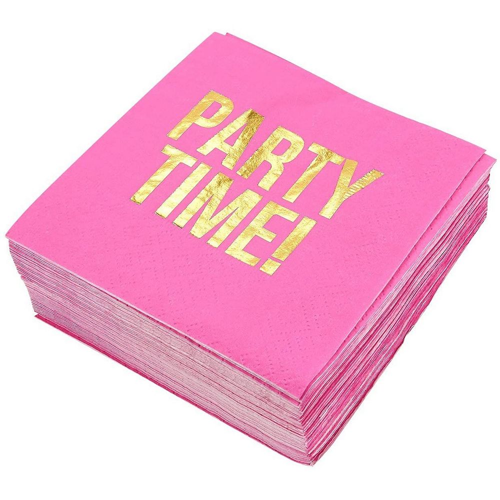 50 Pack Hot Pink Napkins with Gold Foil Party Time for Birthday Party, 5x5"