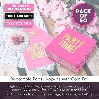 50 Pack Hot Pink Napkins with Gold Foil Party Time for Birthday Party, 5x5"
