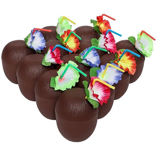 12 Plastic Coconut Cup With Straws Flowers For Hawaiian Luau Party ...