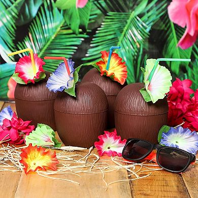12 Plastic Coconut Cup With Straws Flowers For Hawaiian Luau Party ...