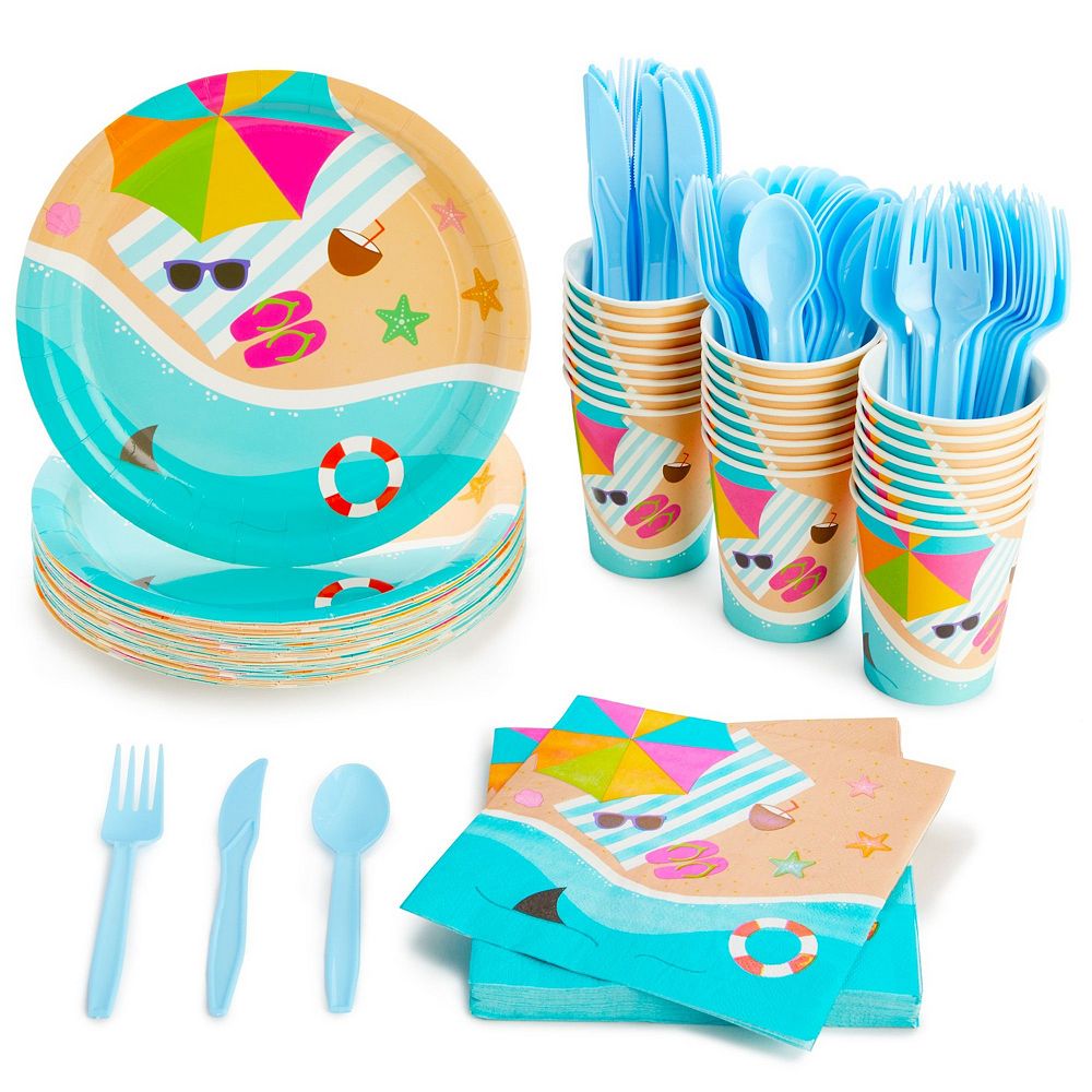 144 Piece Beach Theme Dinnerware Set, Pool Party Supplies (serves 24)