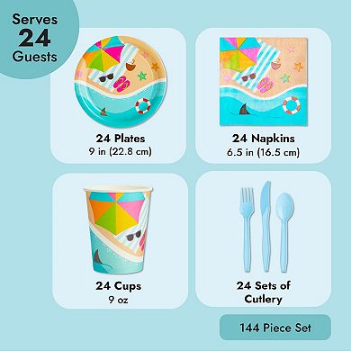 144 Piece Beach Theme Dinnerware Set, Pool Party Supplies (serves 24)