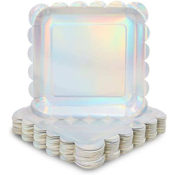 Holographic Silver Foil Square Paper Plates, Scalloped Edge (9 In, 48 Pack)