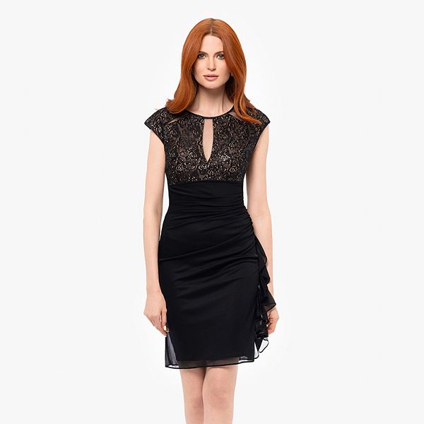 Women's BA Nites Lace Top Sheer Matte Jersey Ruffle Mini Dress