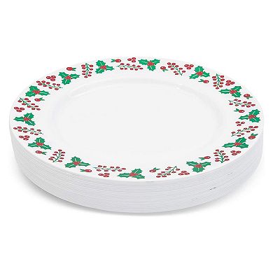 24 Pack Reusable Plastic Christmas Plates For Holiday Party Supplies, 9 In