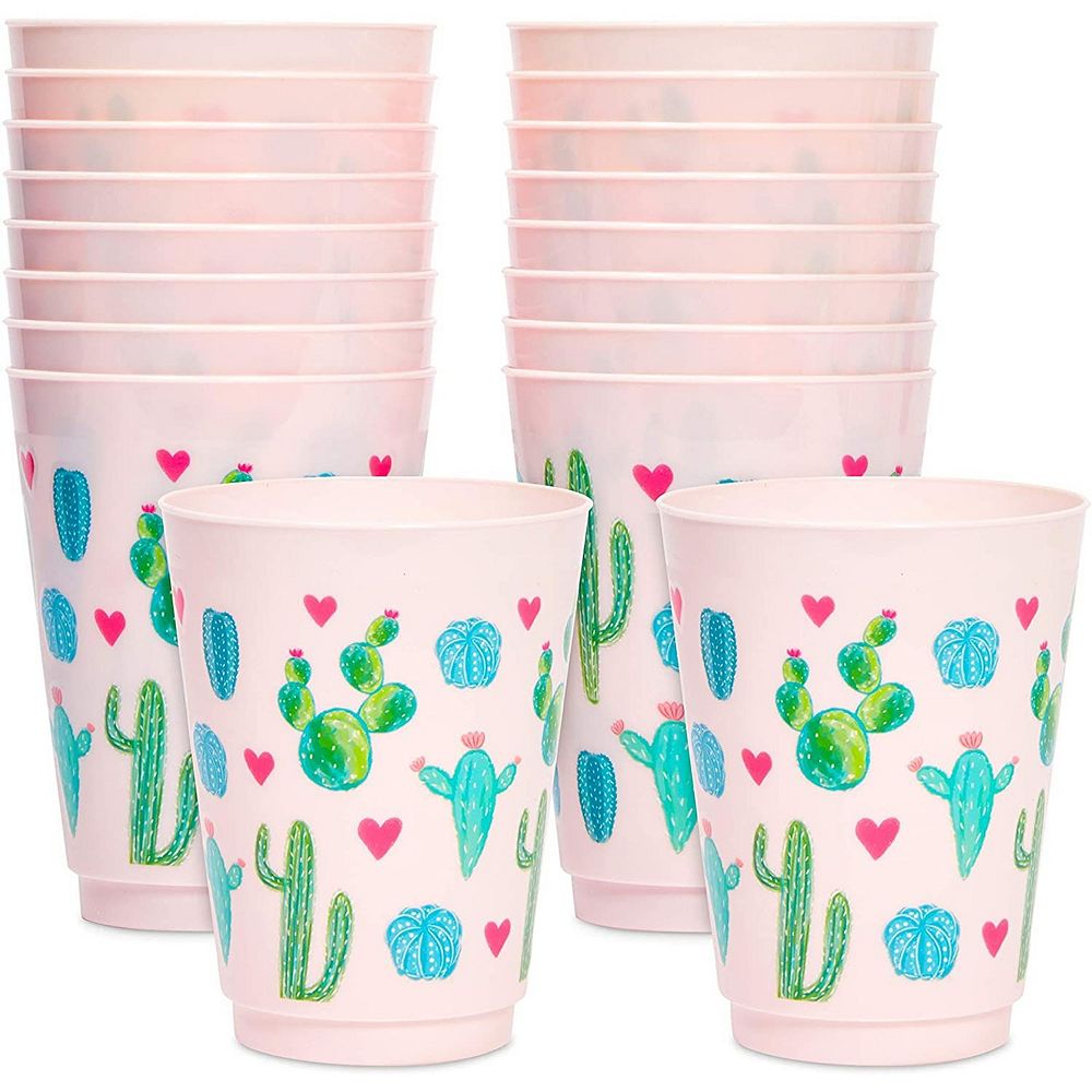 16 Oz Plastic Cactus Tumbler Cups, Fiesta Party Supplies (pink, 16 Pack)