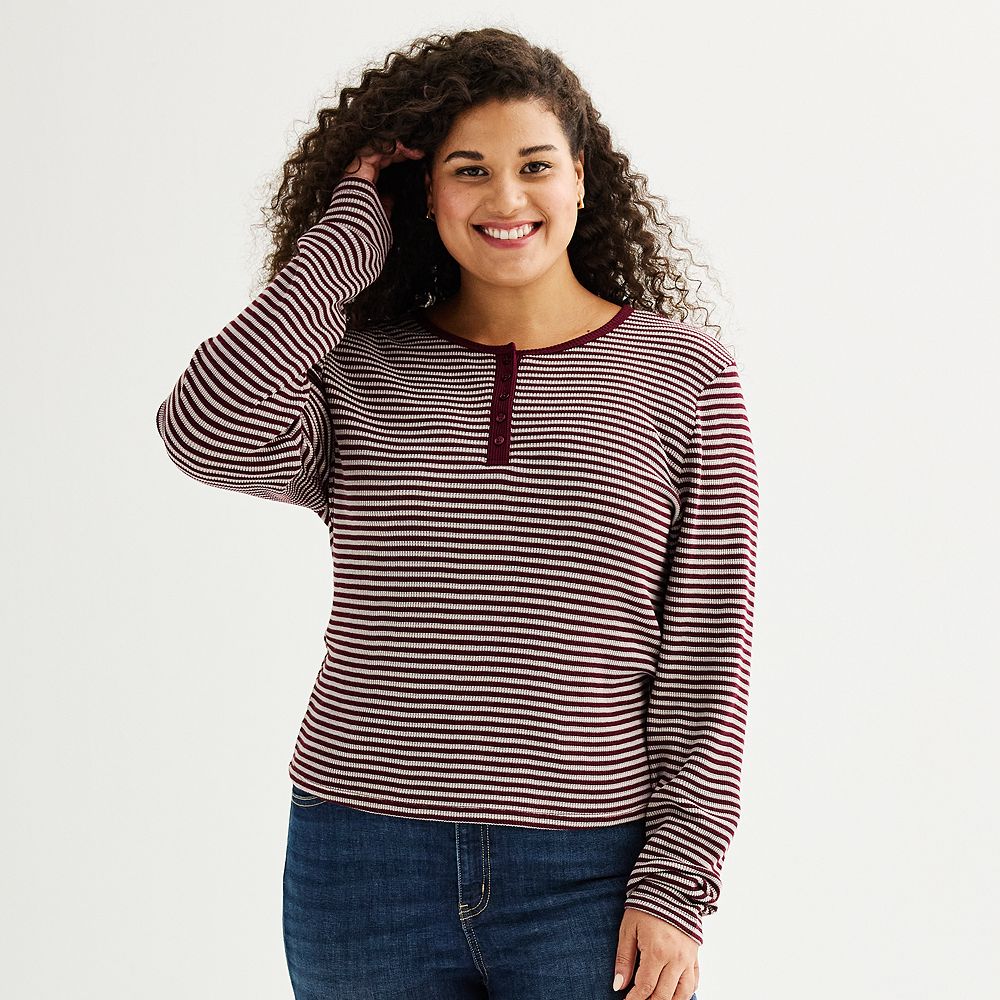Juniors' Plus Size Pink Rose Long Sleeve Thermal Top