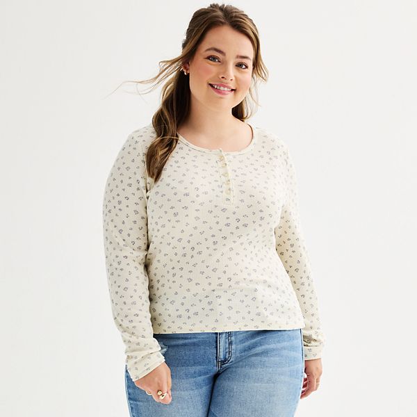 Juniors' Plus Size Pink Rose Long Sleeve Thermal Top